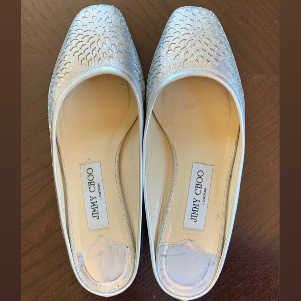 Jimmy Choo Silver Glitter Laser-Cut Flats - Gem